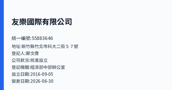 友樂國際有限公司的照片-統編 55883646(新竹縣) 公司登記資料與營業項目詳細圖表