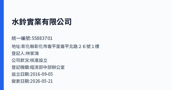 水鈴實業有限公司的照片-統編 55883701(彰化縣) 公司登記資料與營業項目詳細圖表