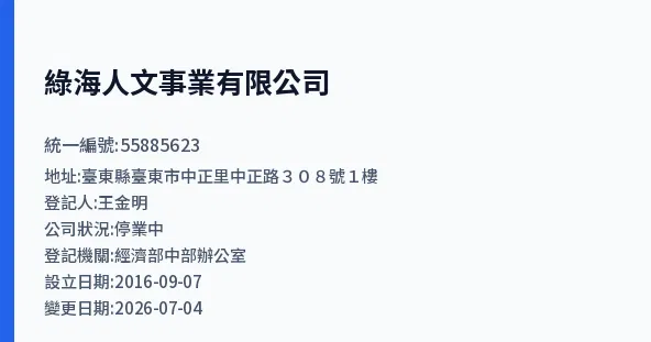 綠海人文事業有限公司的照片-統編 55885623(臺東縣) 公司登記資料與營業項目詳細圖表