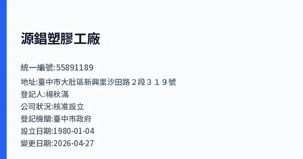源錩塑膠工廠的照片-統編 55891189(臺中市) 公司登記資料與營業項目詳細圖表