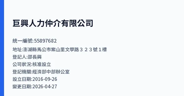 巨興人力仲介有限公司的照片-統編 55897682(澎湖縣) 公司登記資料與營業項目詳細圖表