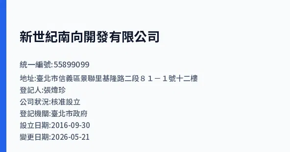 新世紀南向開發有限公司的照片-統編 55899099(臺北市) 公司登記資料與營業項目詳細圖表