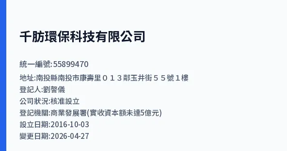 千肪環保科技有限公司的照片-統編 55899470(南投縣) 公司登記資料與營業項目詳細圖表