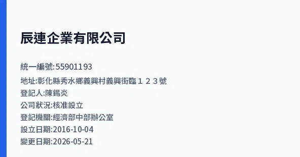 辰連企業有限公司的照片-統編 55901193(彰化縣) 公司登記資料與營業項目詳細圖表