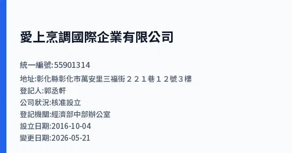 愛上烹調國際企業有限公司的照片-統編 55901314(彰化縣) 公司登記資料與營業項目詳細圖表