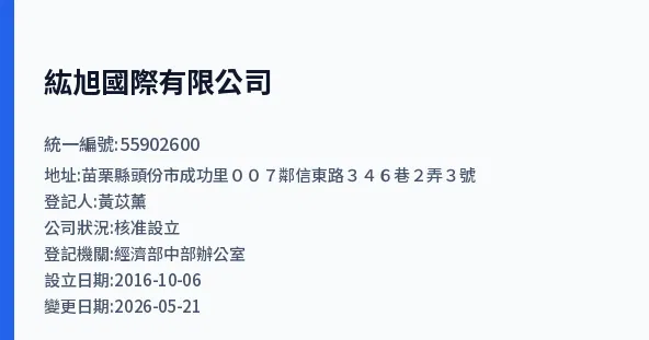 紘旭國際有限公司的照片-統編 55902600(苗栗縣) 公司登記資料與營業項目詳細圖表