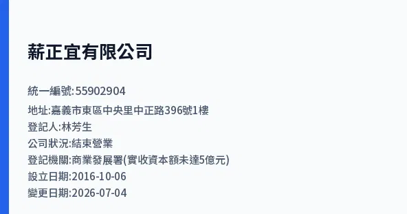 薪正宜有限公司的照片-統編 55902904(嘉義市) 公司登記資料與營業項目詳細圖表