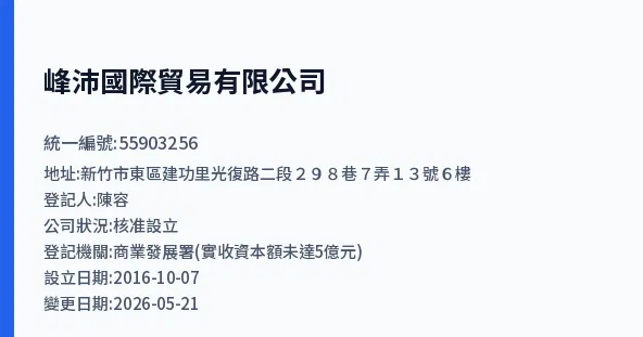 峰沛國際貿易有限公司的照片-統編 55903256(新竹市) 公司登記資料與營業項目詳細圖表