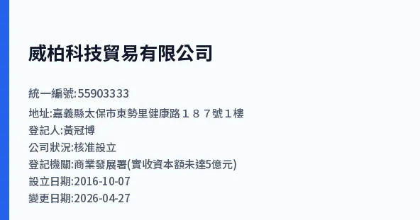 威柏科技貿易有限公司的照片-統編 55903333(嘉義縣) 公司登記資料與營業項目詳細圖表