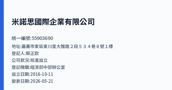 米諾思國際企業有限公司的照片-統編 55903690(嘉義市) 公司登記資料與營業項目詳細圖表