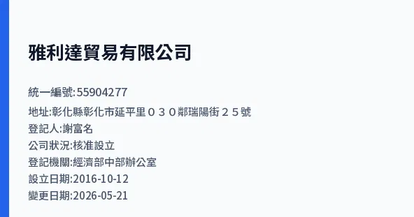 雅利達貿易有限公司的照片-統編 55904277(彰化縣) 公司登記資料與營業項目詳細圖表