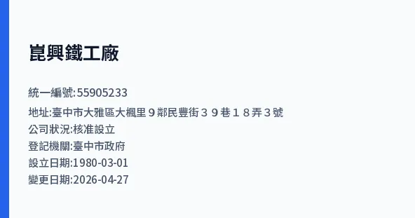 崑興鐵工廠的照片-統編 55905233(臺中市) 公司登記資料與營業項目詳細圖表