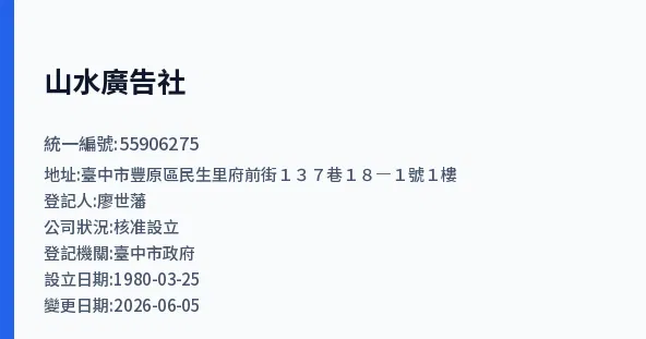 山水廣告社的照片-統編 55906275(臺中市) 公司登記資料與營業項目詳細圖表
