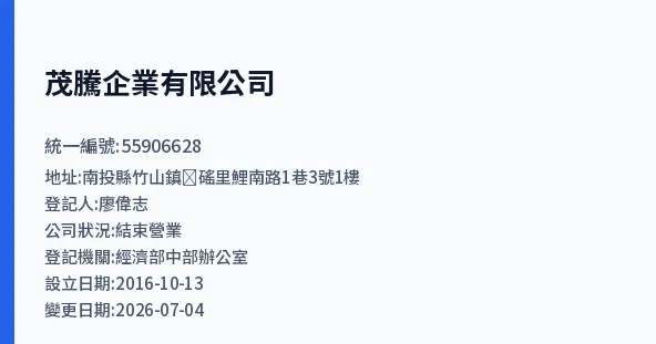 茂騰企業有限公司的照片-統編 55906628(南投縣) 公司登記資料與營業項目詳細圖表