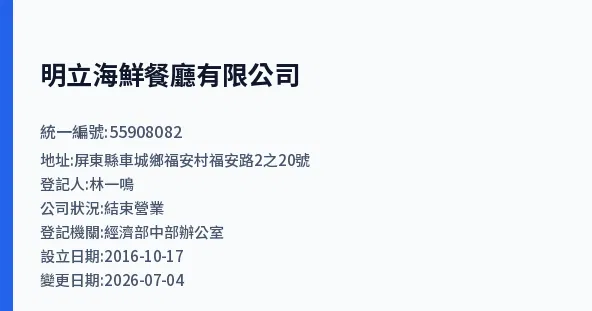 明立海鮮餐廳有限公司的照片-統編 55908082(屏東縣) 公司登記資料與營業項目詳細圖表