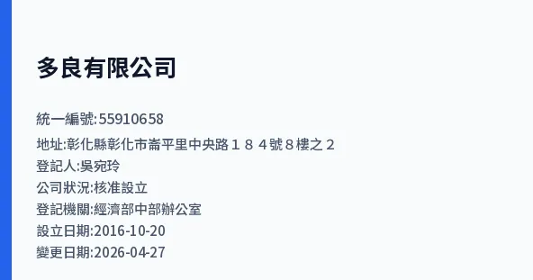 多良有限公司的照片-統編 55910658(彰化縣) 公司登記資料與營業項目詳細圖表
