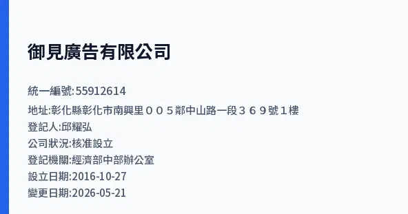 御見廣告有限公司的照片-統編 55912614(彰化縣) 公司登記資料與營業項目詳細圖表