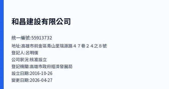 和昌建設有限公司的照片-統編 55913732(高雄市) 公司登記資料與營業項目詳細圖表