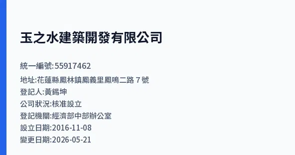 玉之水建築開發有限公司的照片-統編 55917462(花蓮縣) 公司登記資料與營業項目詳細圖表