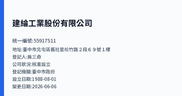 建綸工業股份有限公司的照片-統編 55917511(臺中市) 公司登記資料與營業項目詳細圖表