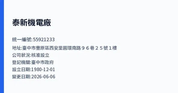 泰新機電廠的照片-統編 55921233(臺中市) 公司登記資料與營業項目詳細圖表