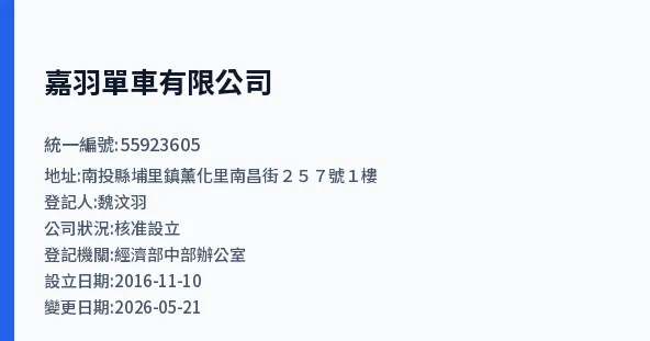 嘉羽單車有限公司的照片-統編 55923605(南投縣) 公司登記資料與營業項目詳細圖表