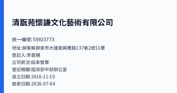 清翫苑懷謙文化藝術有限公司的照片-統編 55923773(屏東縣) 公司登記資料與營業項目詳細圖表