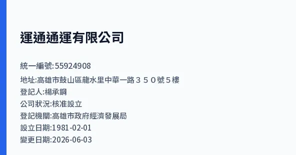 運通通運有限公司的照片-統編 55924908(高雄市) 公司登記資料與營業項目詳細圖表