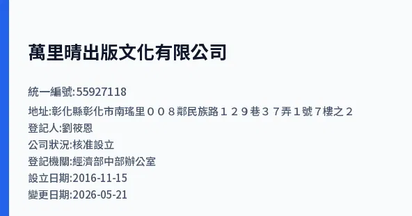 萬里晴出版文化有限公司的照片-統編 55927118(彰化縣) 公司登記資料與營業項目詳細圖表