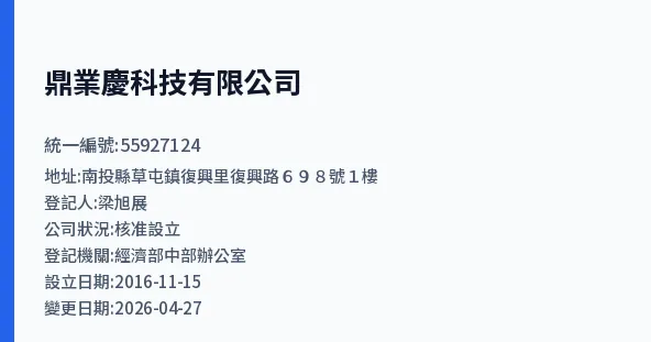 鼎業慶科技有限公司的照片-統編 55927124(南投縣) 公司登記資料與營業項目詳細圖表