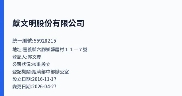 獻文明股份有限公司的照片-統編 55928215(嘉義縣) 公司登記資料與營業項目詳細圖表