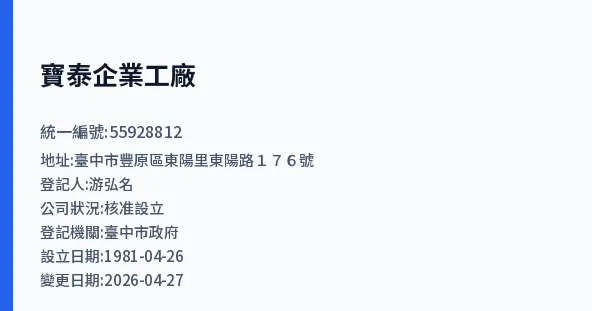 寶泰企業工廠的照片-統編 55928812(臺中市) 公司登記資料與營業項目詳細圖表