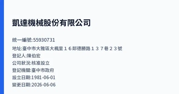 凱達機械股份有限公司的照片-統編 55930731(臺中市) 公司登記資料與營業項目詳細圖表