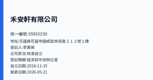 禾安軒有限公司的照片-統編 55933250(花蓮縣) 公司登記資料與營業項目詳細圖表