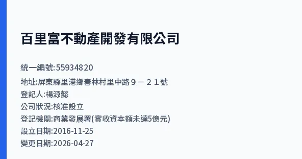 百里富不動產開發有限公司的照片-統編 55934820(屏東縣) 公司登記資料與營業項目詳細圖表