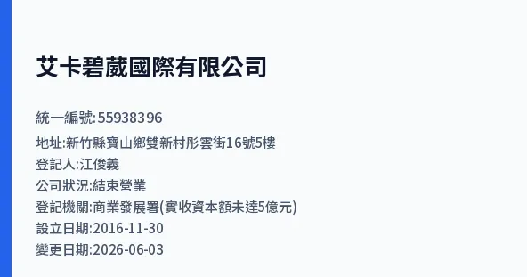 艾卡碧葳國際有限公司的照片-統編 55938396(新竹縣) 公司登記資料與營業項目詳細圖表