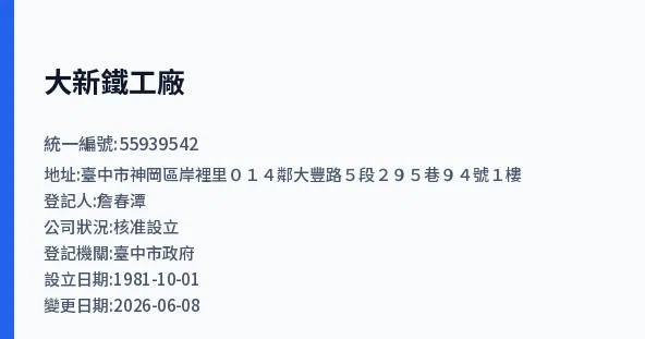 大新鐵工廠的照片-統編 55939542(臺中市) 公司登記資料與營業項目詳細圖表