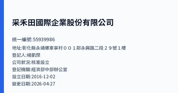 采禾田國際企業股份有限公司的照片-統編 55939986(彰化縣) 公司登記資料與營業項目詳細圖表
