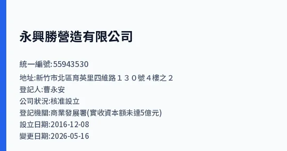 永興勝營造有限公司的照片-統編 55943530(新竹市) 公司登記資料與營業項目詳細圖表