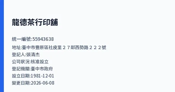 龍德茶行印舖的照片-統編 55943638(臺中市) 公司登記資料與營業項目詳細圖表