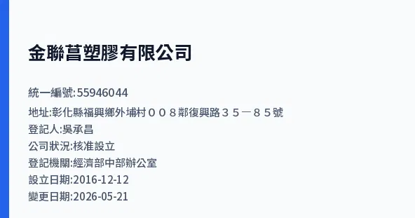 金聯菖塑膠有限公司的照片-統編 55946044(彰化縣) 公司登記資料與營業項目詳細圖表