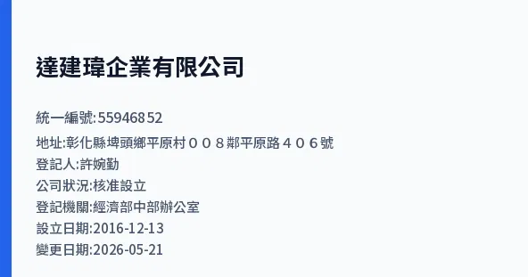 達建瑋企業有限公司的照片-統編 55946852(彰化縣) 公司登記資料與營業項目詳細圖表