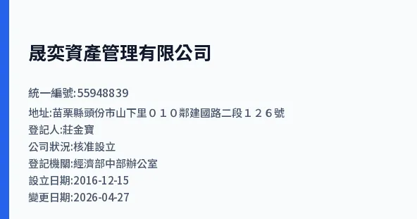 晟奕資產管理有限公司的照片-統編 55948839(苗栗縣) 公司登記資料與營業項目詳細圖表