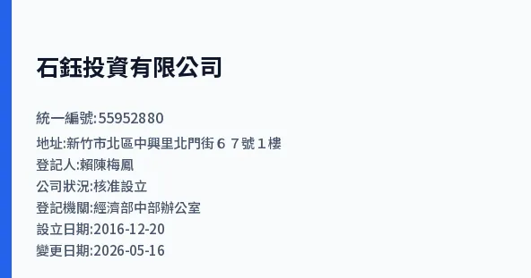 石鈺投資有限公司的照片-統編 55952880(新竹市) 公司登記資料與營業項目詳細圖表