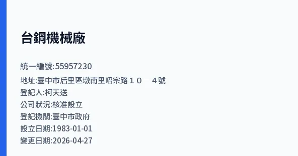 台鋼機械廠的照片-統編 55957230(臺中市) 公司登記資料與營業項目詳細圖表