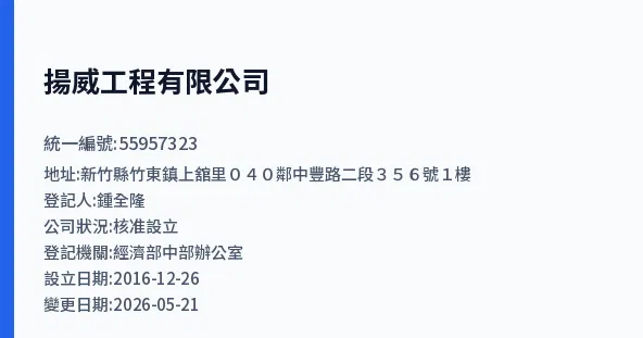 揚威工程有限公司的照片-統編 55957323(新竹縣) 公司登記資料與營業項目詳細圖表