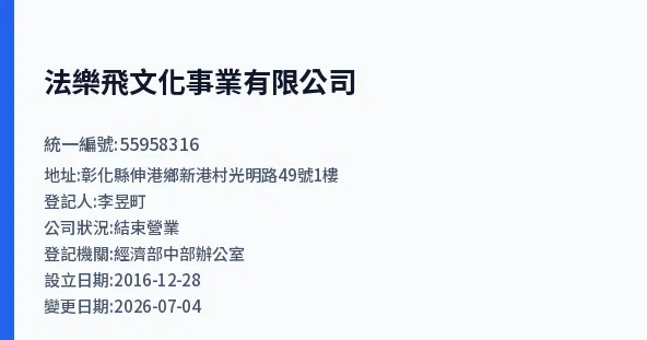法樂飛文化事業有限公司的照片-統編 55958316(彰化縣) 公司登記資料與營業項目詳細圖表