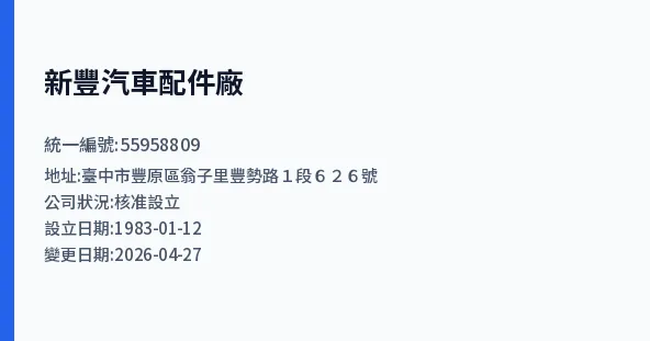 新豐汽車配件廠的照片-統編 55958809(臺中市) 公司登記資料與營業項目詳細圖表