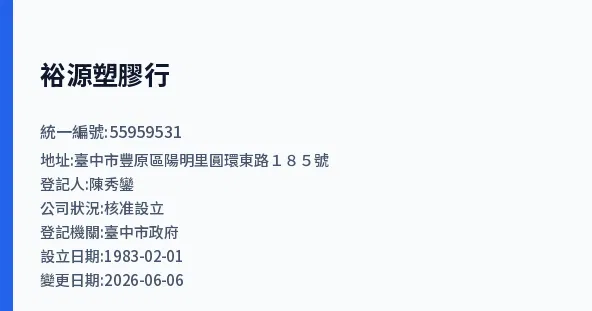 裕源塑膠行的照片-統編 55959531(臺中市) 公司登記資料與營業項目詳細圖表