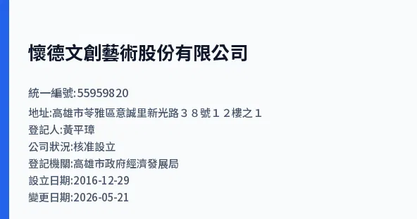 懷德文創藝術股份有限公司的照片-統編 55959820(高雄市) 公司登記資料與營業項目詳細圖表